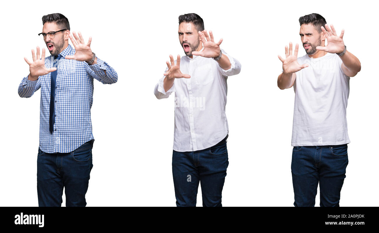 Collage of handsome business man over white isolated background afraid ...