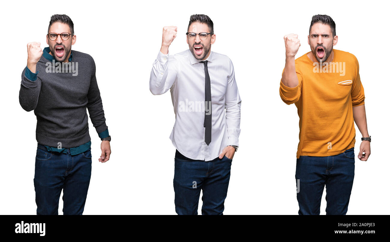 Collage of handsome man over white isolated background angry and mad ...