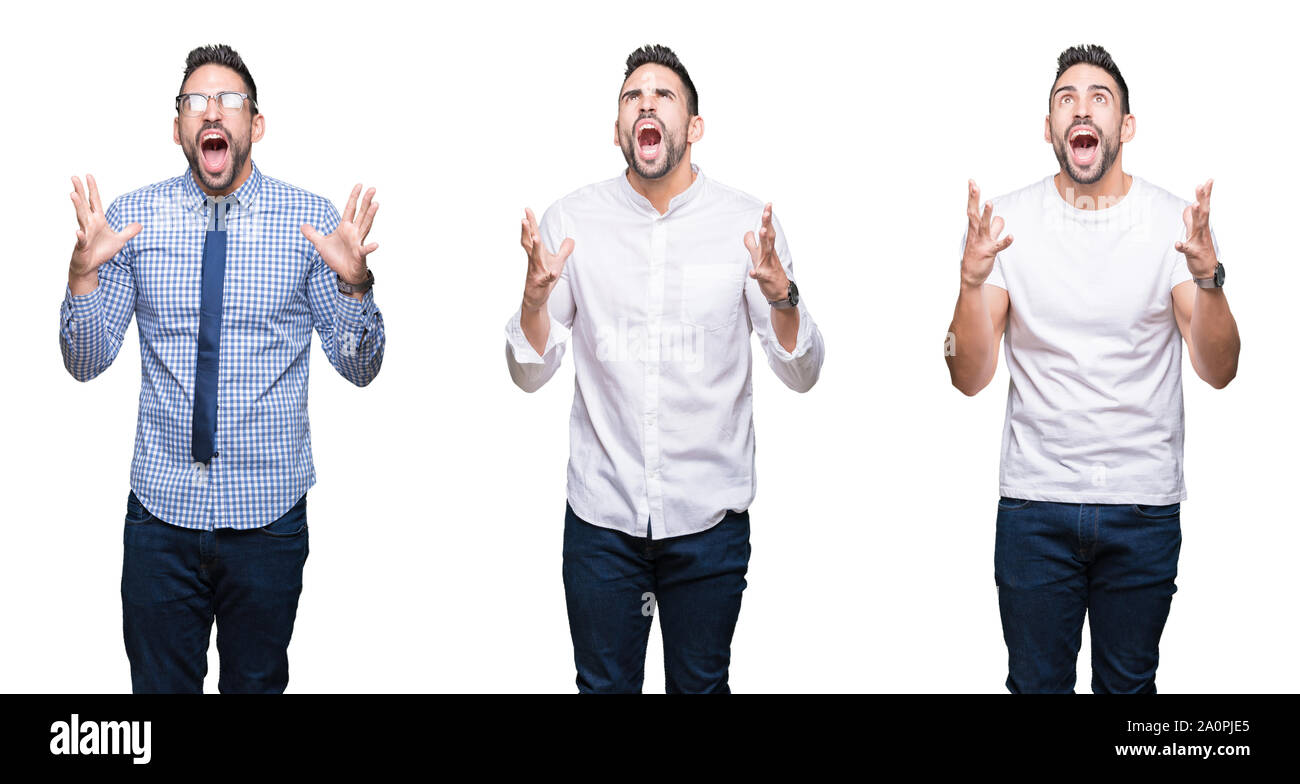 Collage of handsome business man over white isolated background crazy ...