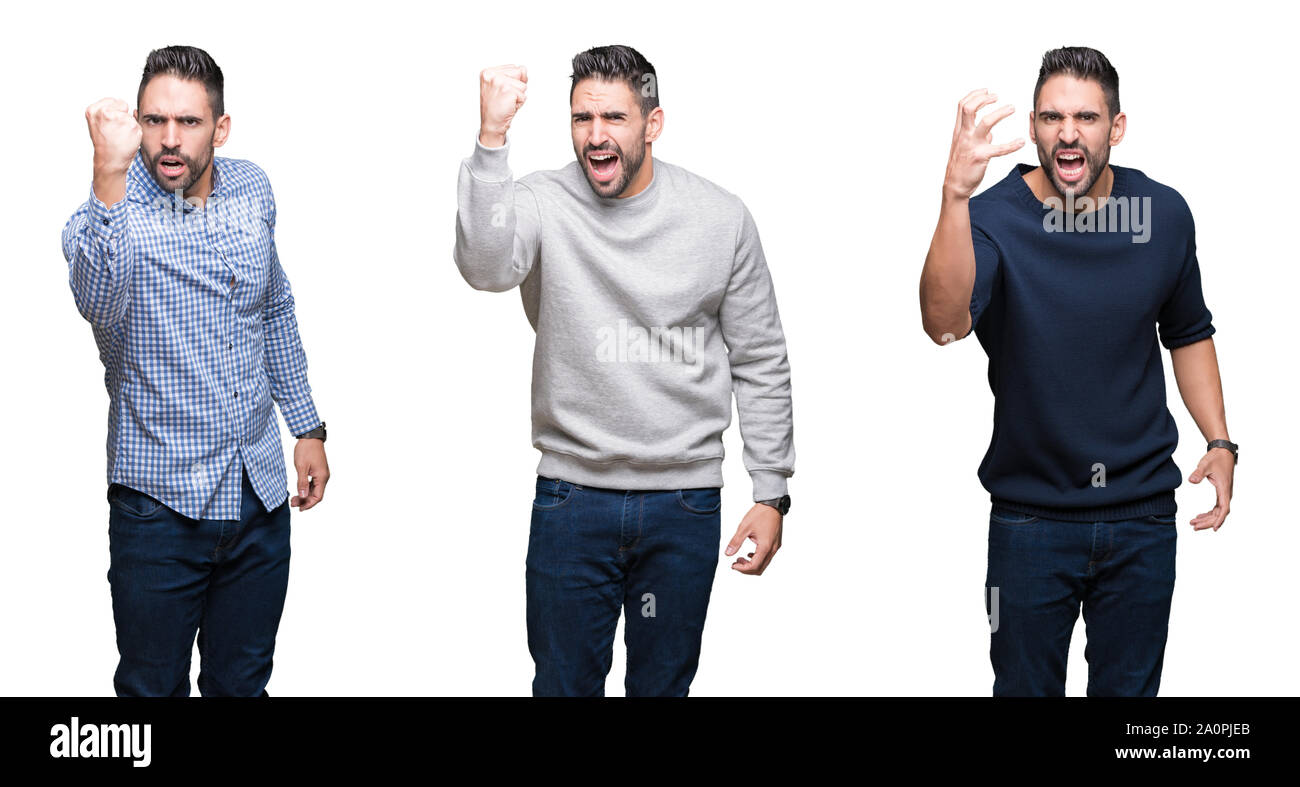 Collage of handsome business man over white isolated background angry ...