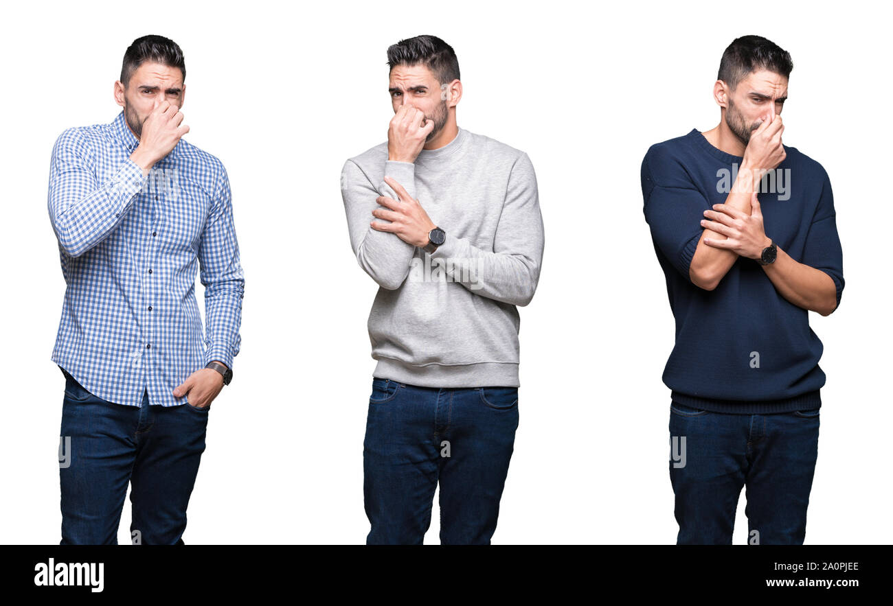 Collage of handsome business man over white isolated background ...