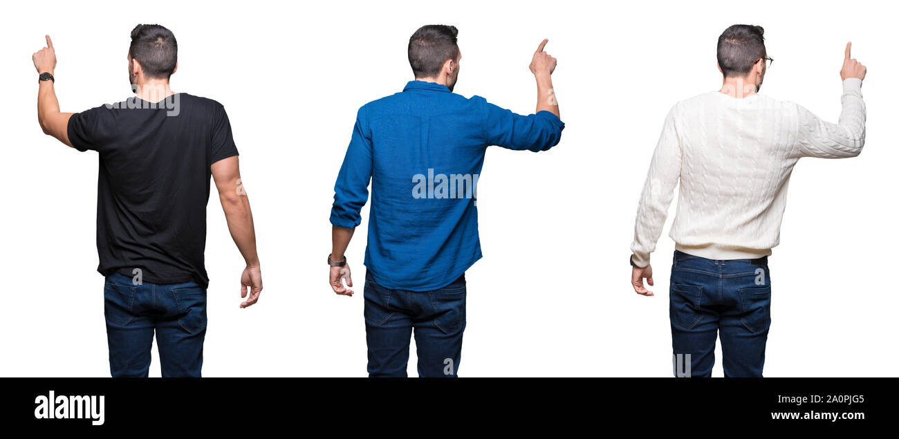 Collage of handsome man over white isolated background Posing backwards ...