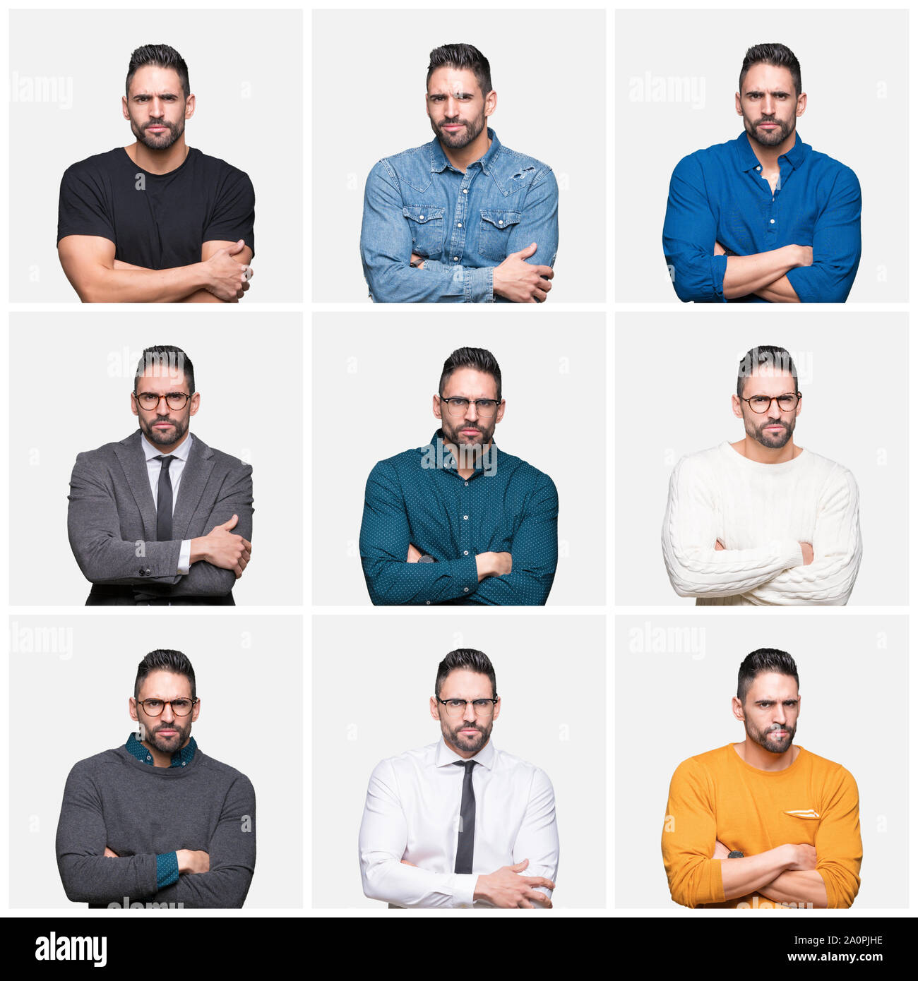 Collage of handsome man over isolated background skeptic and nervous ...