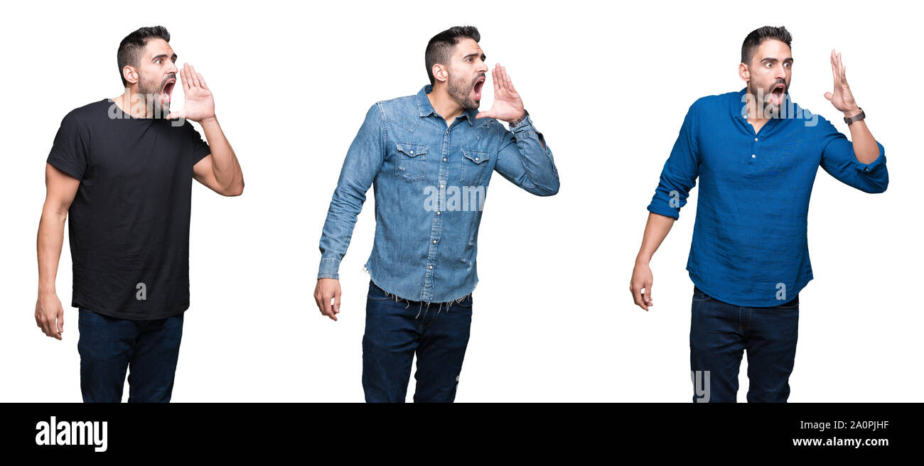 Collage of handsome man over white isolated background shouting and ...