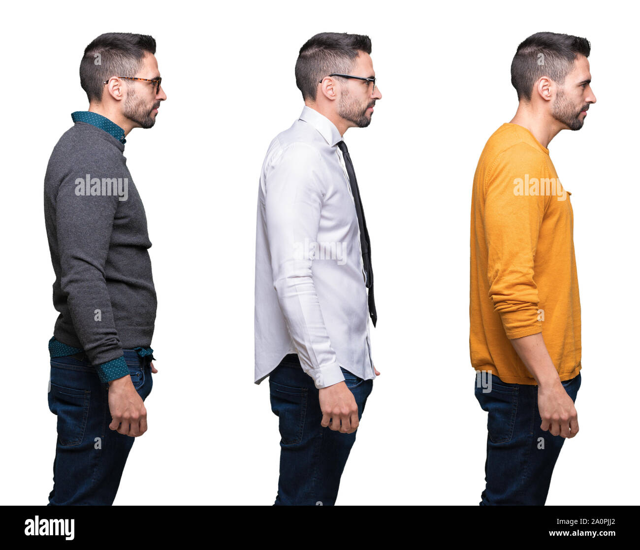 Collage of handsome man over white isolated background looking to side ...