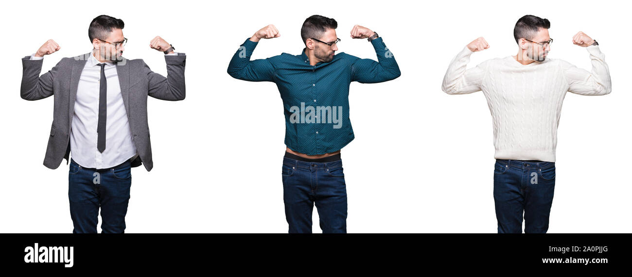 Collage of handsome business man over white isolated background showing ...