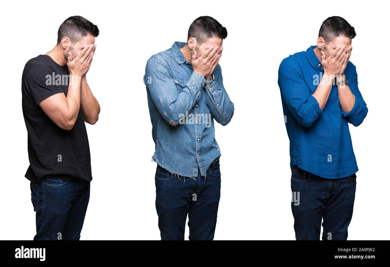 Collage of handsome man over white isolated background with sad ...