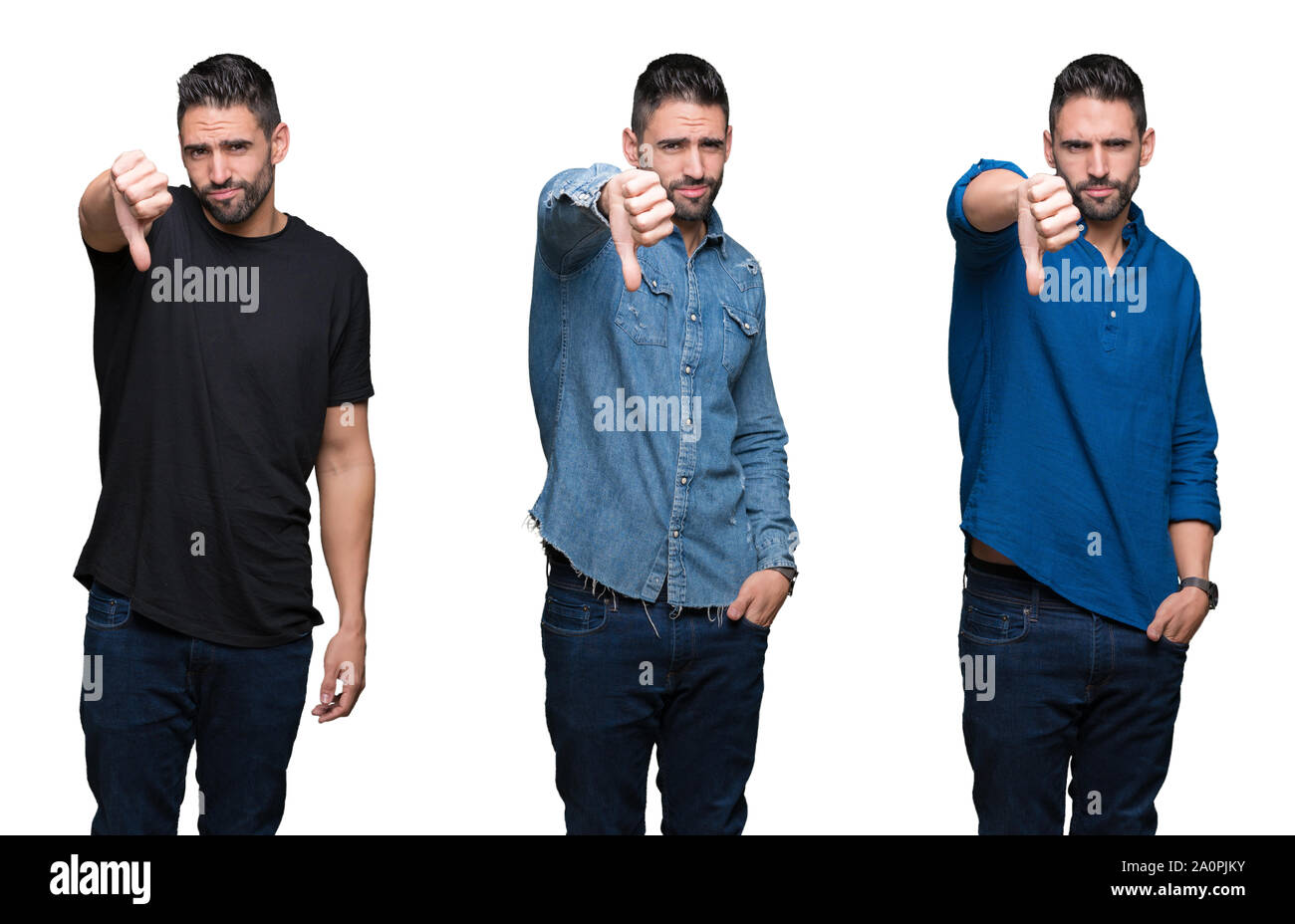 Collage of handsome man over white isolated background looking unhappy ...