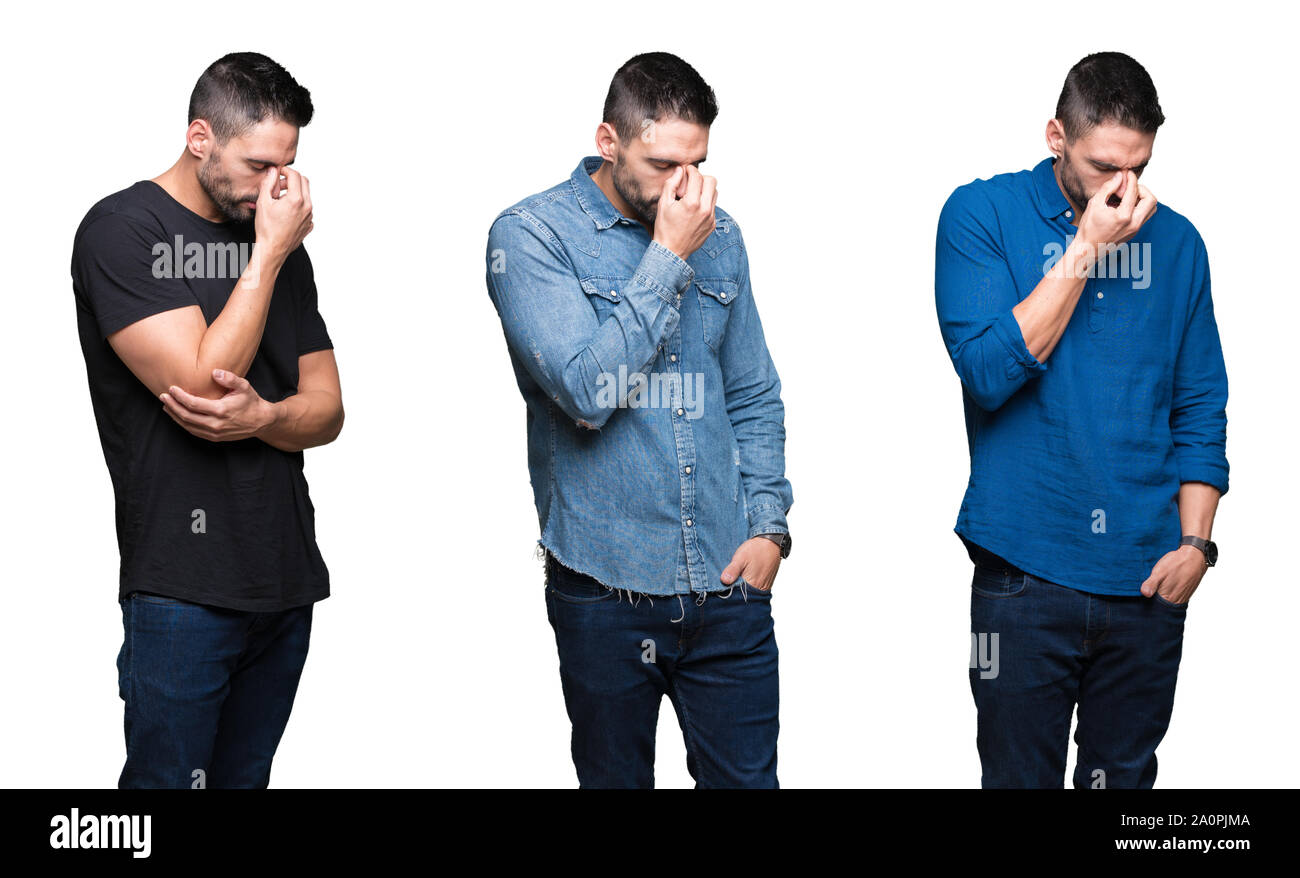 Collage of handsome man over white isolated background tired rubbing ...