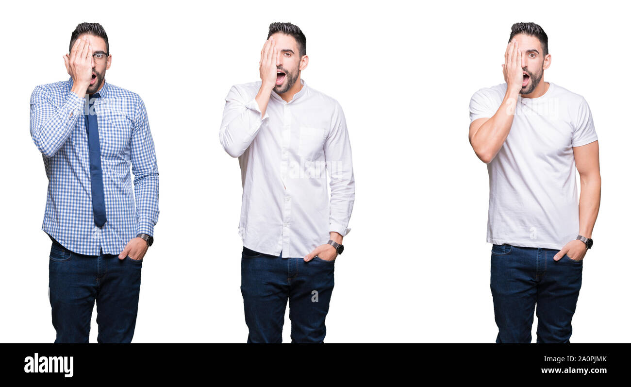 Collage of handsome business man over white isolated background ...