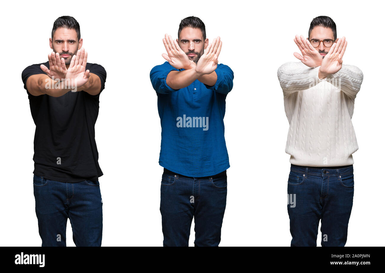 Collage of handsome man over white isolated background Rejection ...