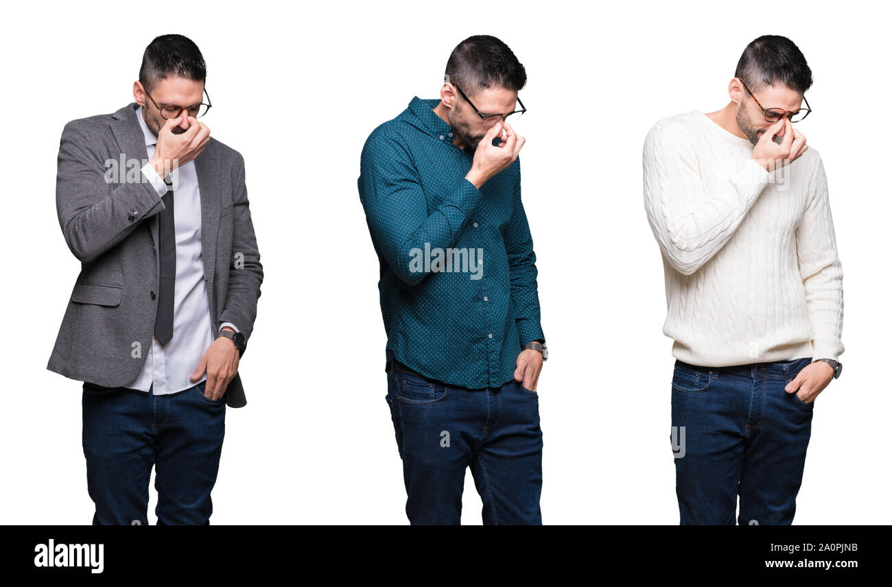 Collage of handsome business man over white isolated background tired ...