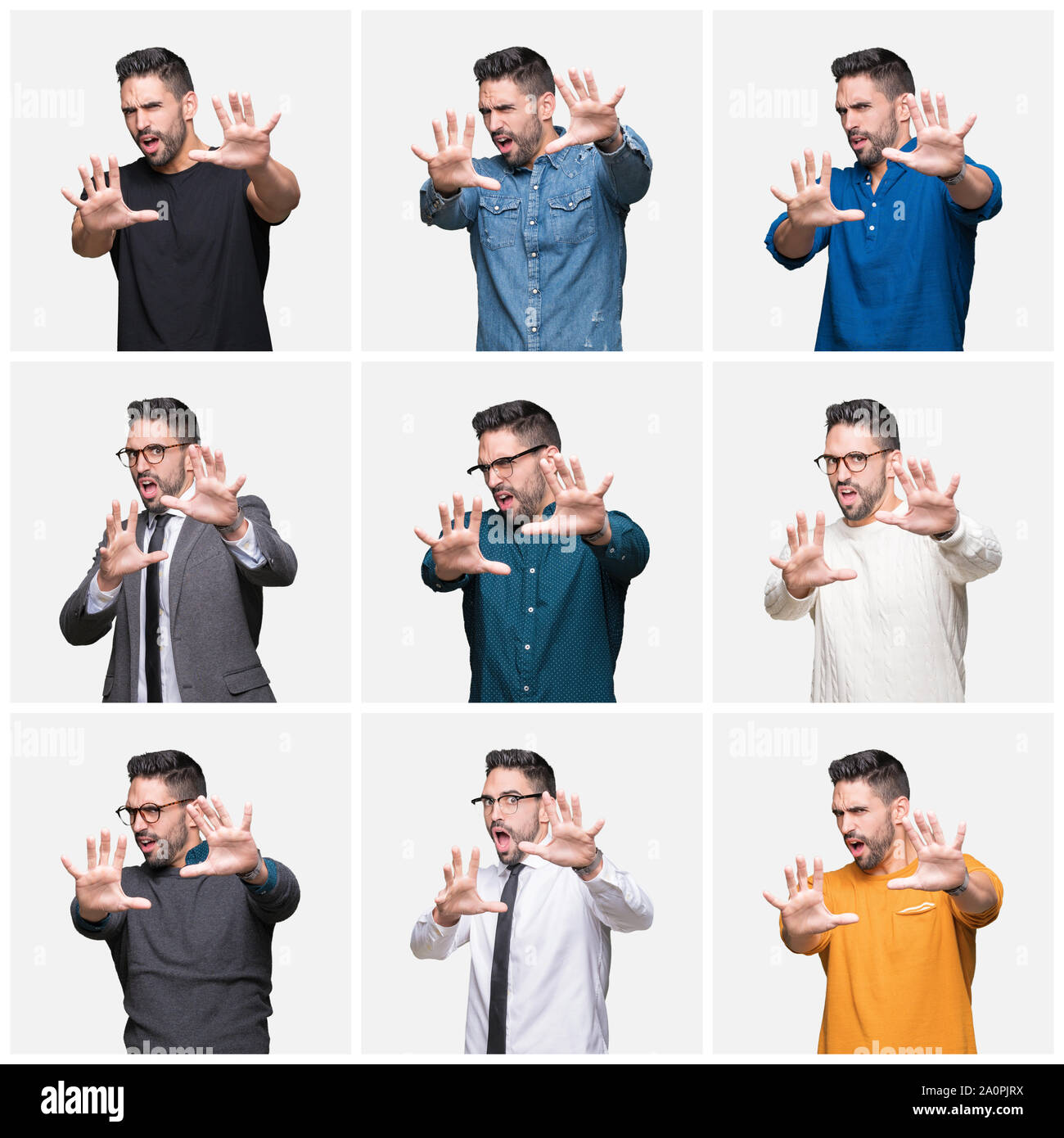 Collage of handsome man over isolated background afraid and terrified ...