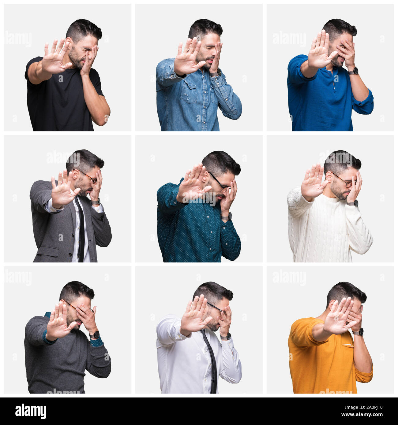 Collage of handsome man over isolated background covering eyes with ...