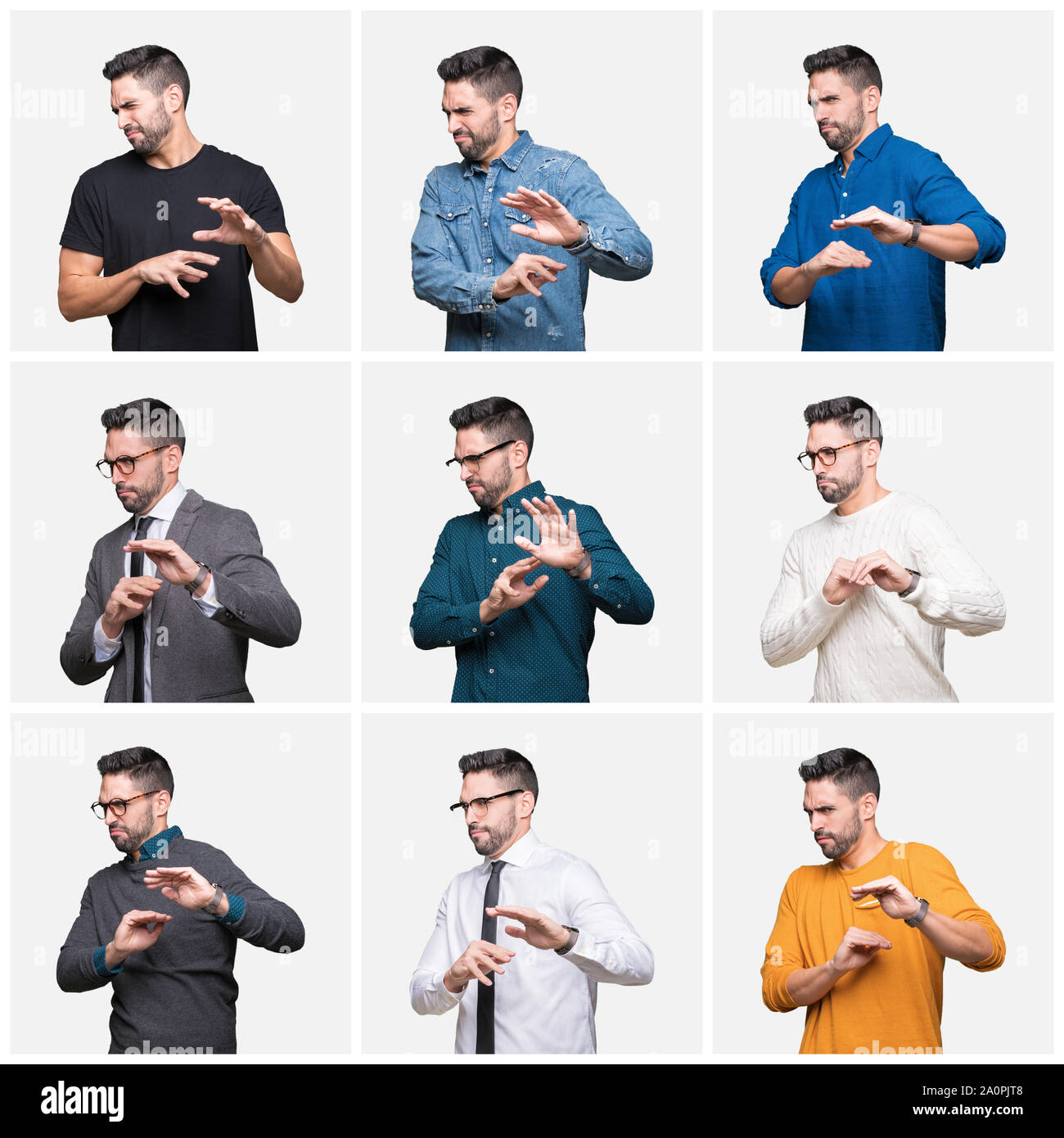 Collage of handsome man over isolated background disgusted expression ...