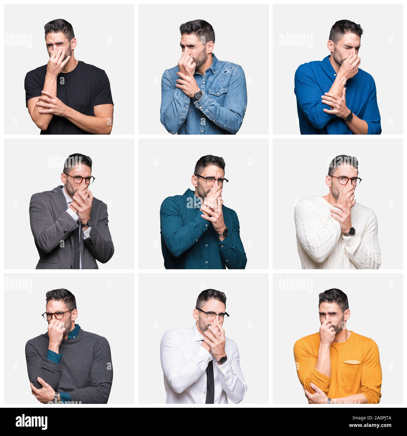 Collage of handsome man over isolated background smelling something ...