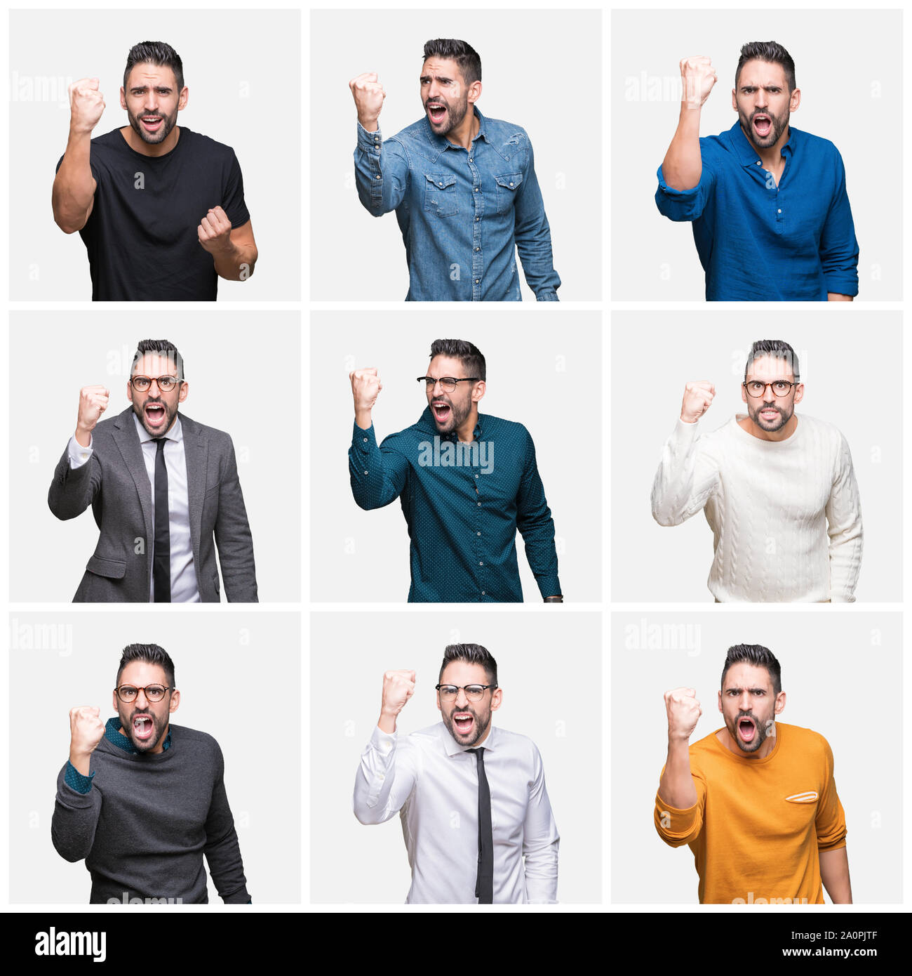 Collage of handsome man over isolated background angry and mad raising ...