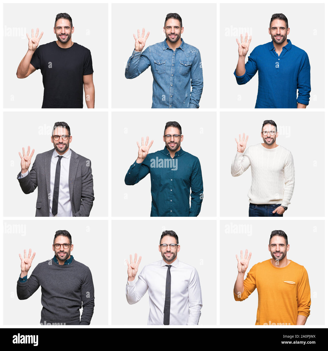 Collage of handsome man over isolated background showing and pointing ...