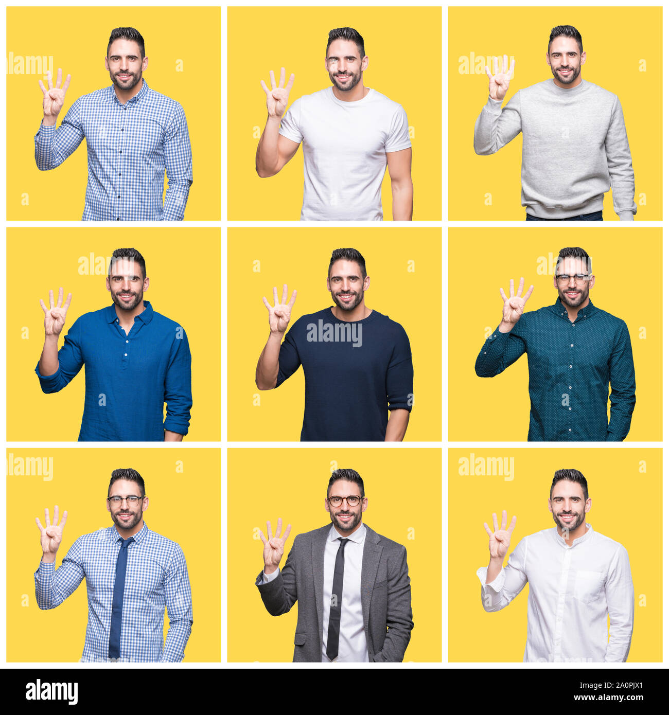 Collage of handsome man over yellow isolated background showing and ...