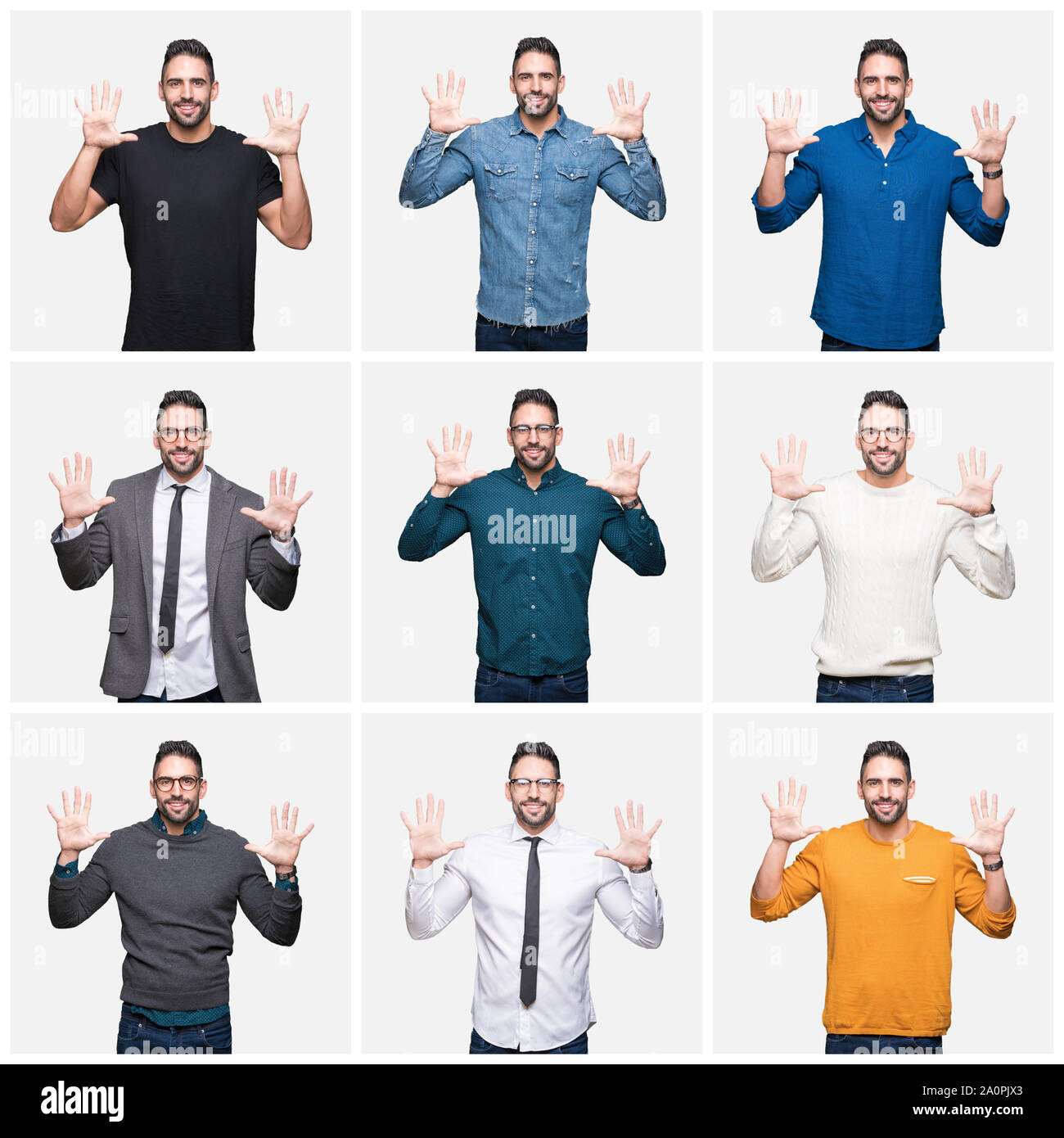 Collage of handsome man over isolated background showing and pointing ...
