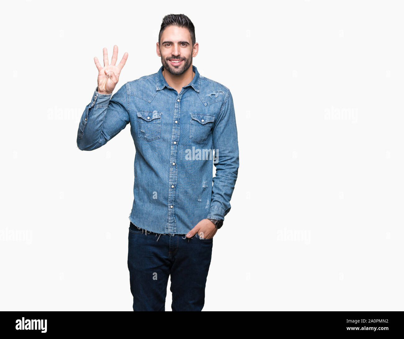 Young handsome man over isolated background showing and pointing up ...