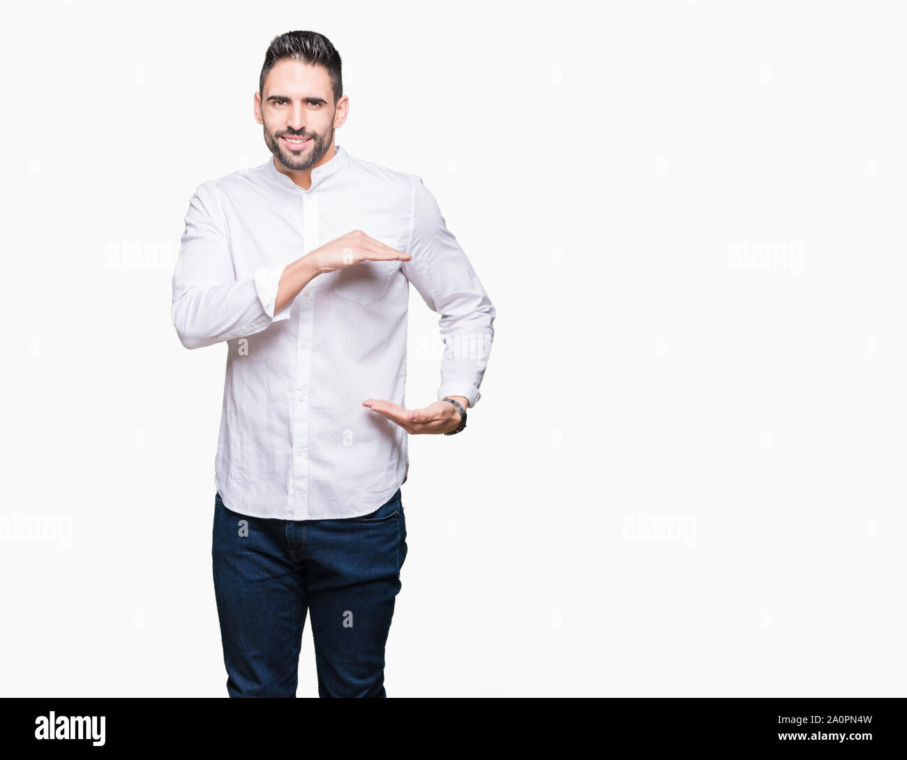 Young business man over isolated background gesturing with hands ...
