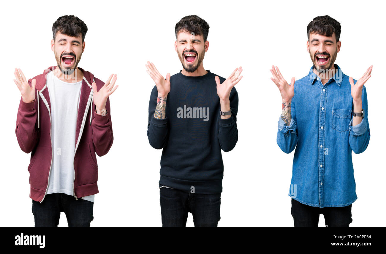 Collage of young man over isolated background celebrating mad and crazy ...