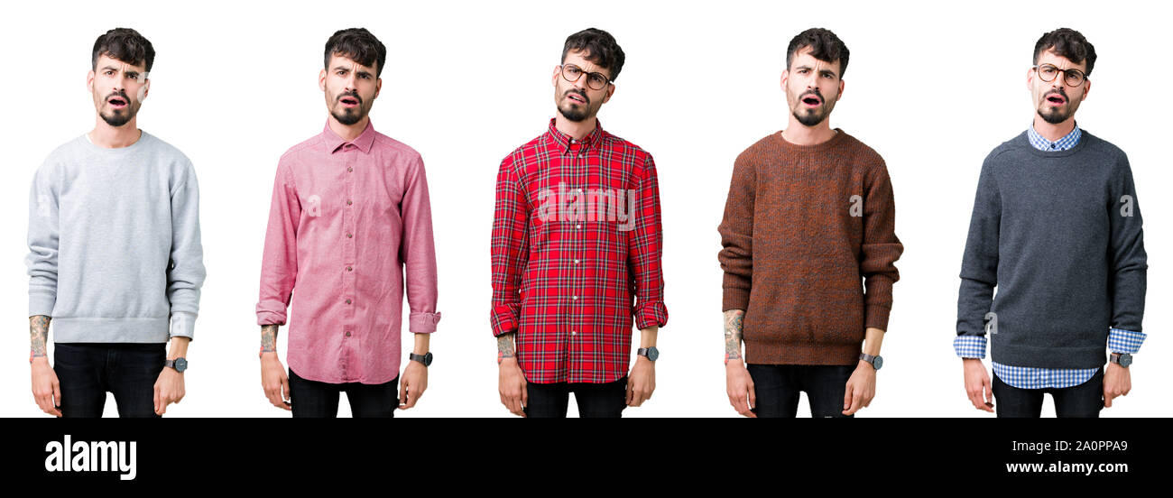 Collage of young man over isolated background In shock face, looking ...