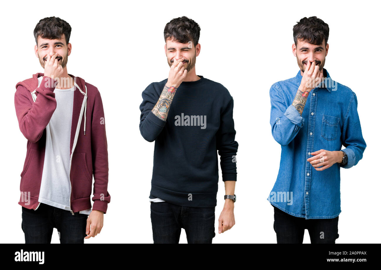 Collage of young man over isolated background smelling something stinky ...