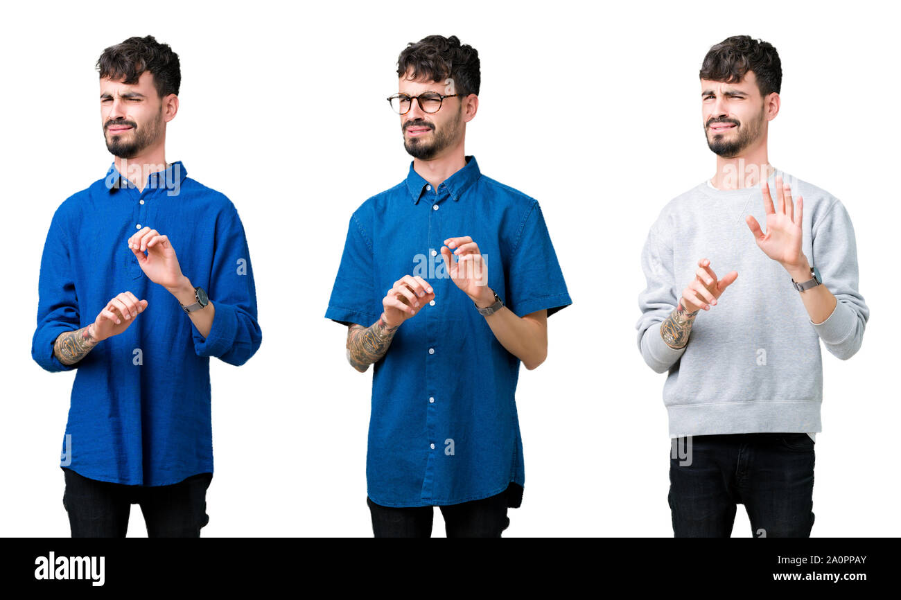 Collage of young man over isolated background disgusted expression ...