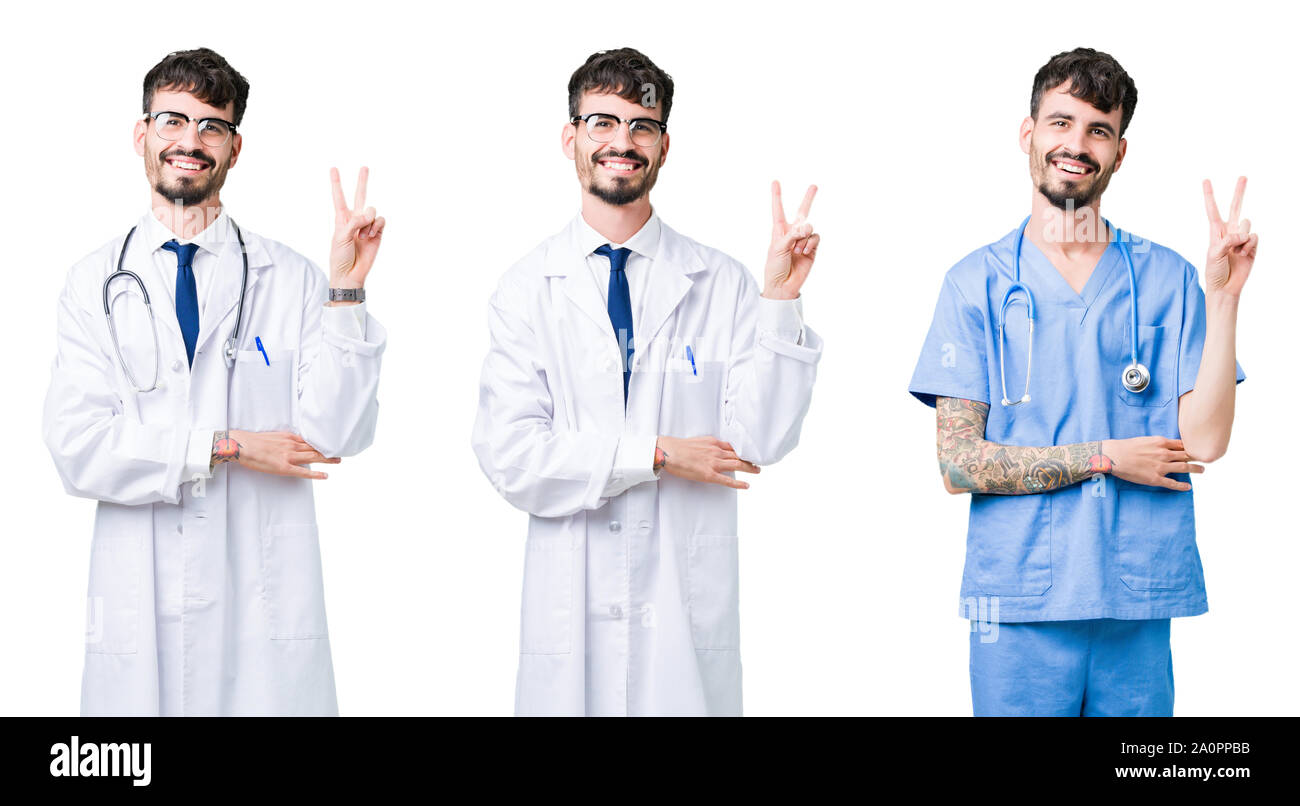 Collage of doctor man wearing medical coat over isolated background ...
