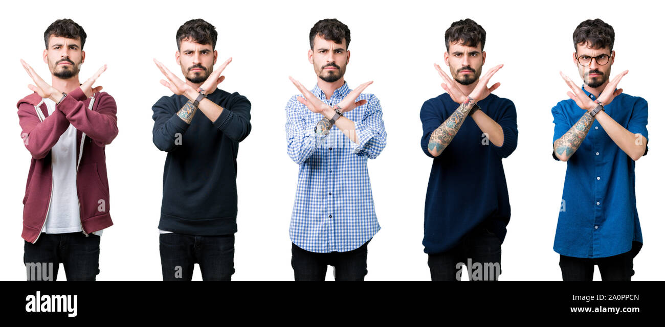 Collage of young man over isolated background Rejection expression ...