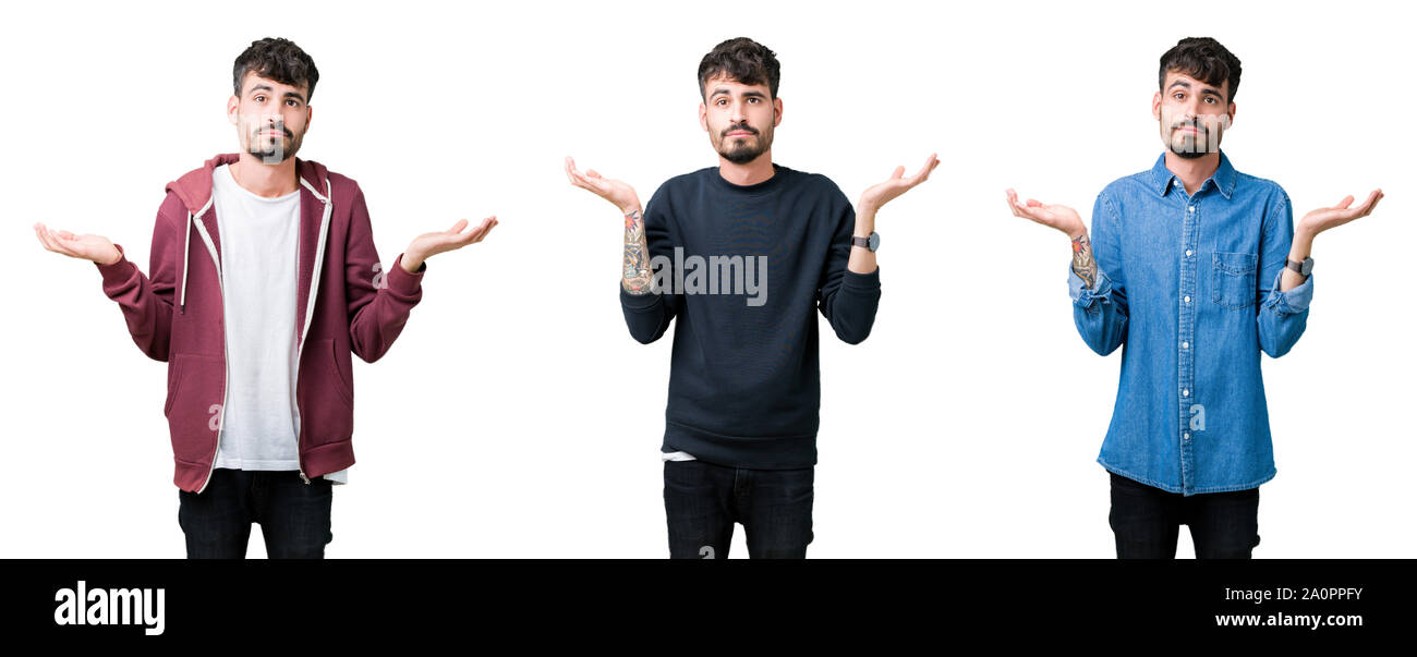 Collage of young man over isolated background clueless and confused ...