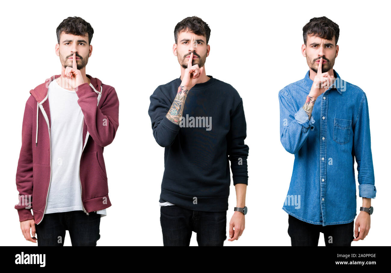 Collage of young man over isolated background asking to be quiet with ...