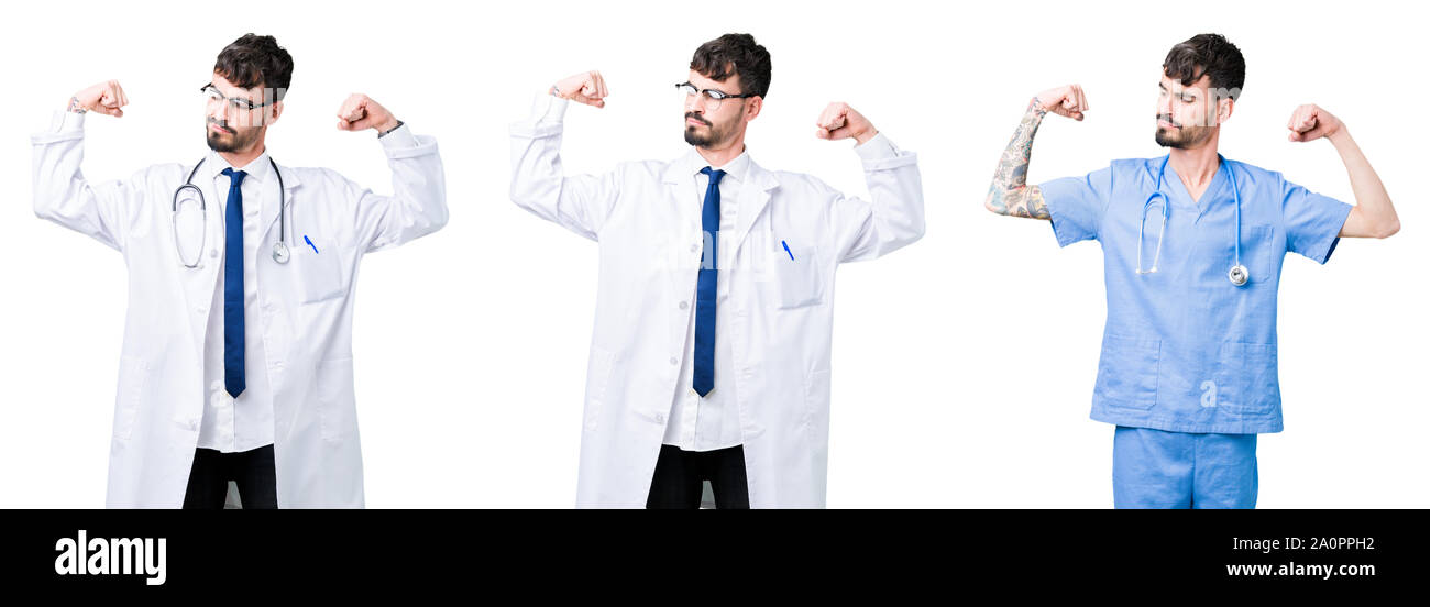 Collage of doctor man wearing medical coat over isolated background ...