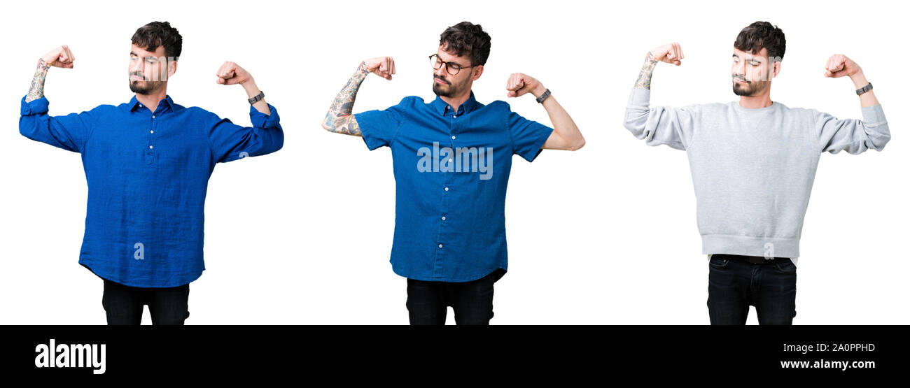 Collage of young man over isolated background showing arms muscles ...
