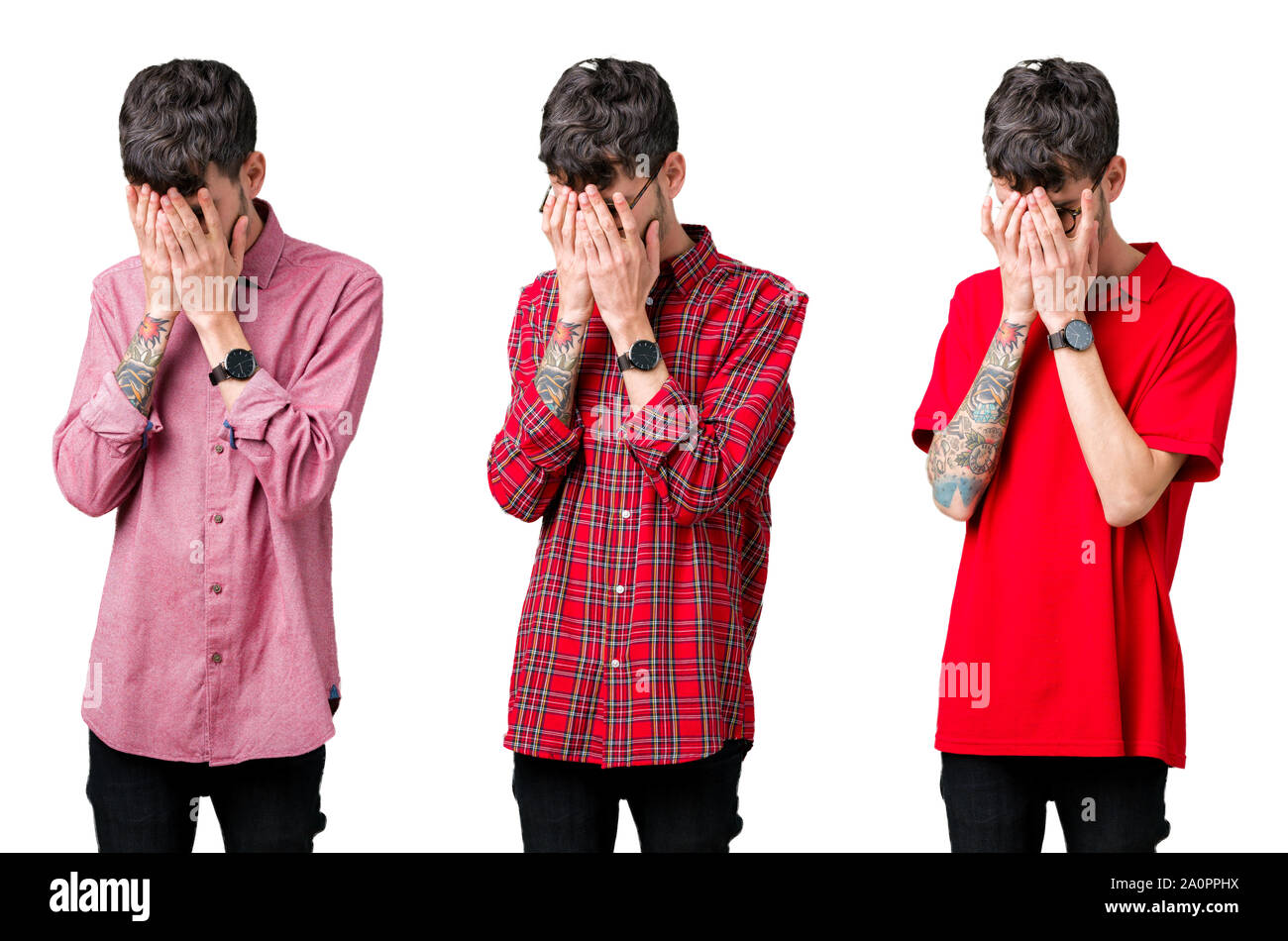 Collage of young man wearing glasses over isolated background with sad ...