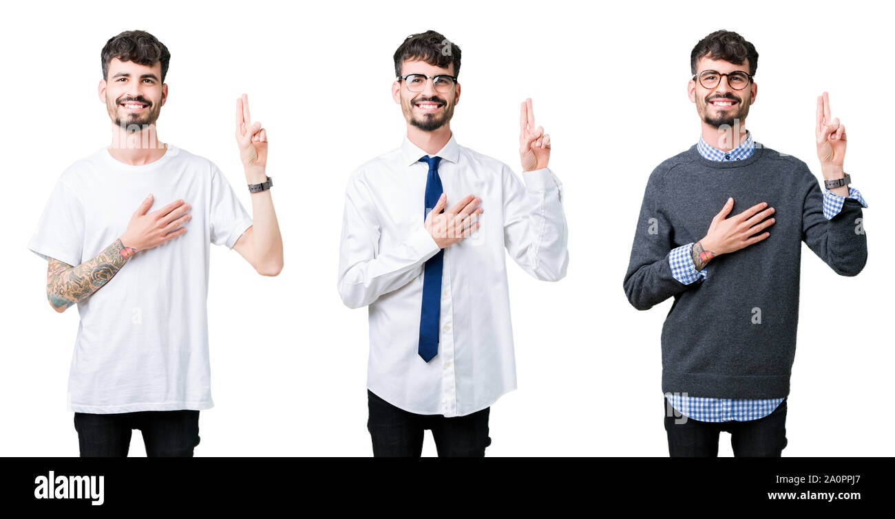 Collage of young man over isolated background Swearing with hand on ...