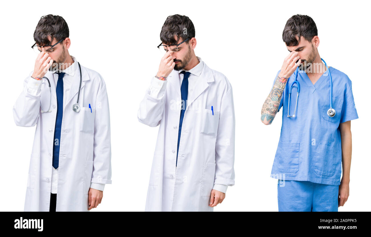 Collage of doctor man wearing medical coat over isolated background ...