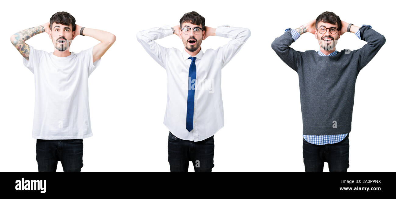 Collage of young man over isolated background Crazy and scared with ...