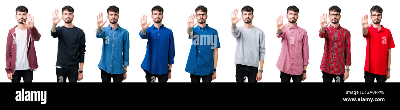 Collage of young man over isolated background doing stop sing with palm ...