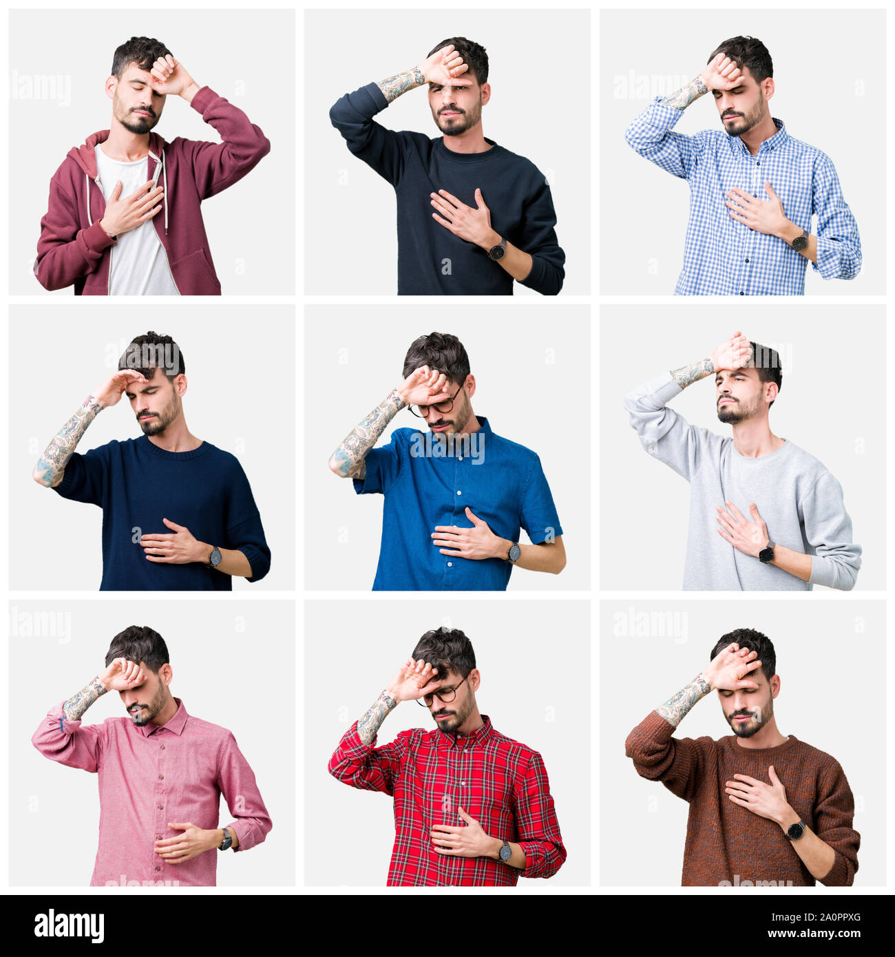 Collage of young man over isolated background Touching forehead for ...