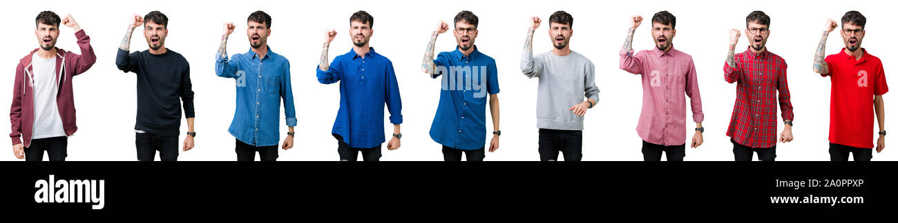 Collage of young man over isolated background angry and mad raising ...