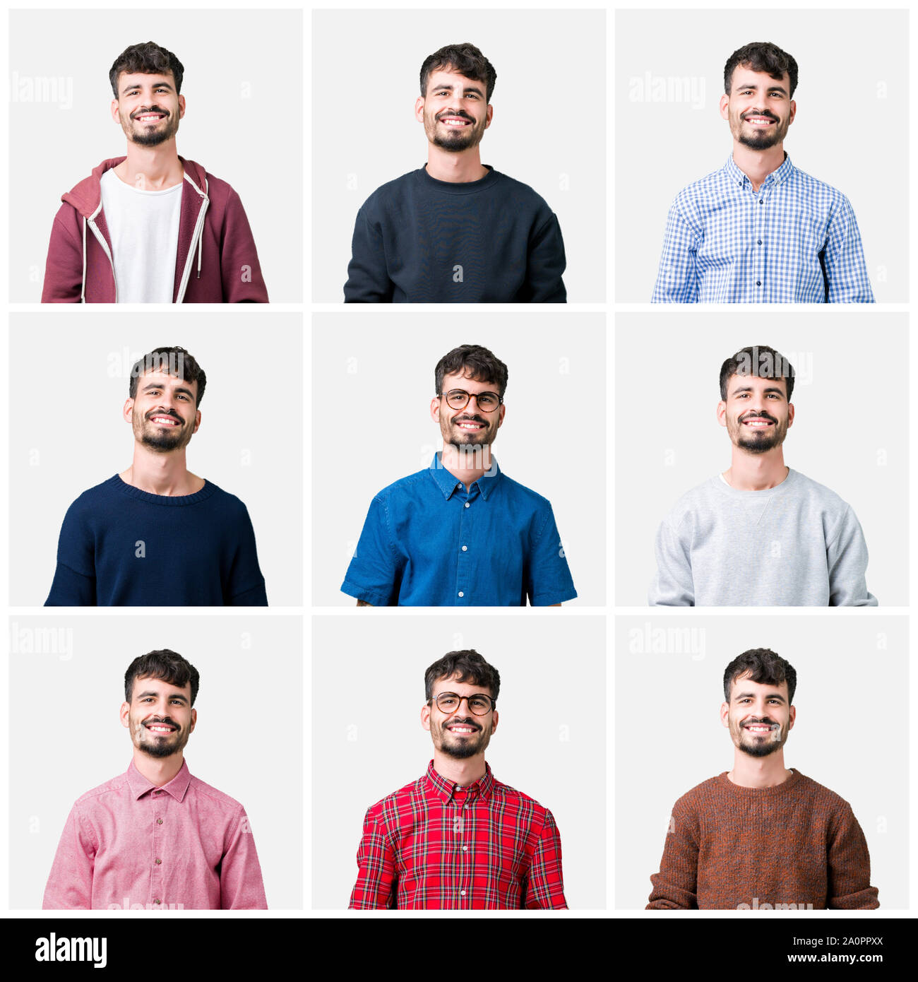Collage of young man over isolated background Hands together and ...