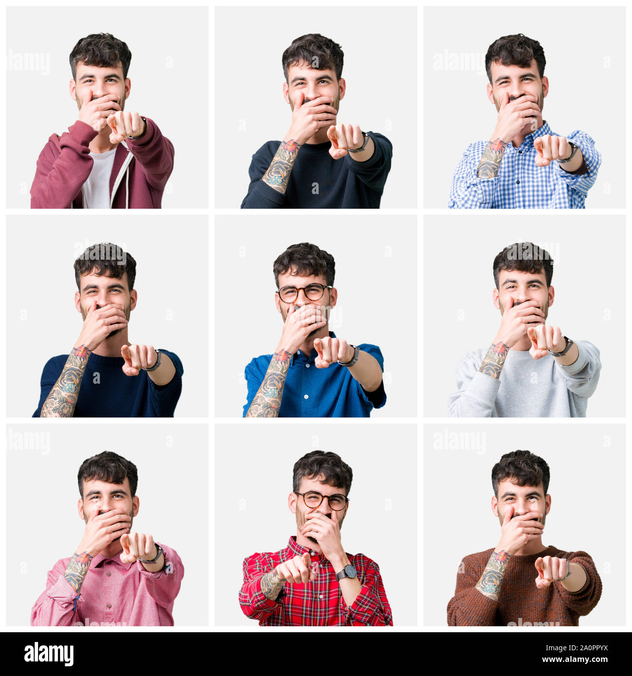 Collage of young man over isolated background Laughing of you, pointing ...