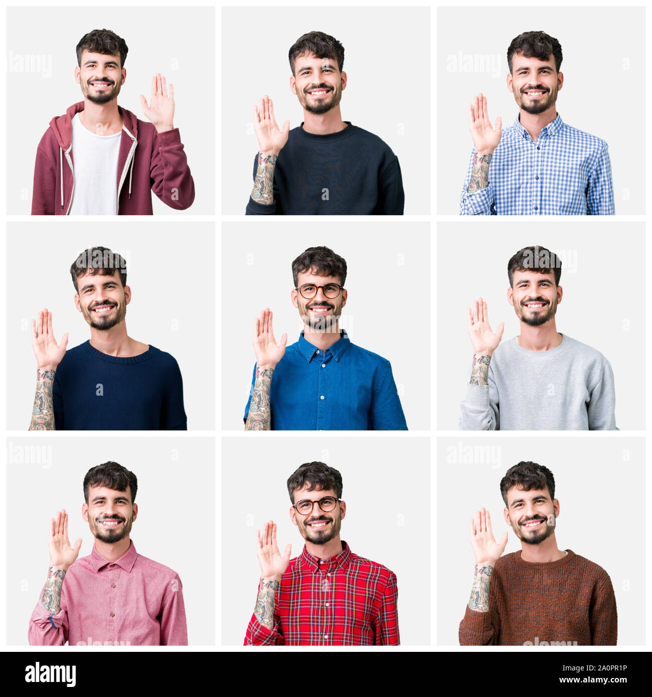 Collage of young man over isolated background Waiving saying hello ...