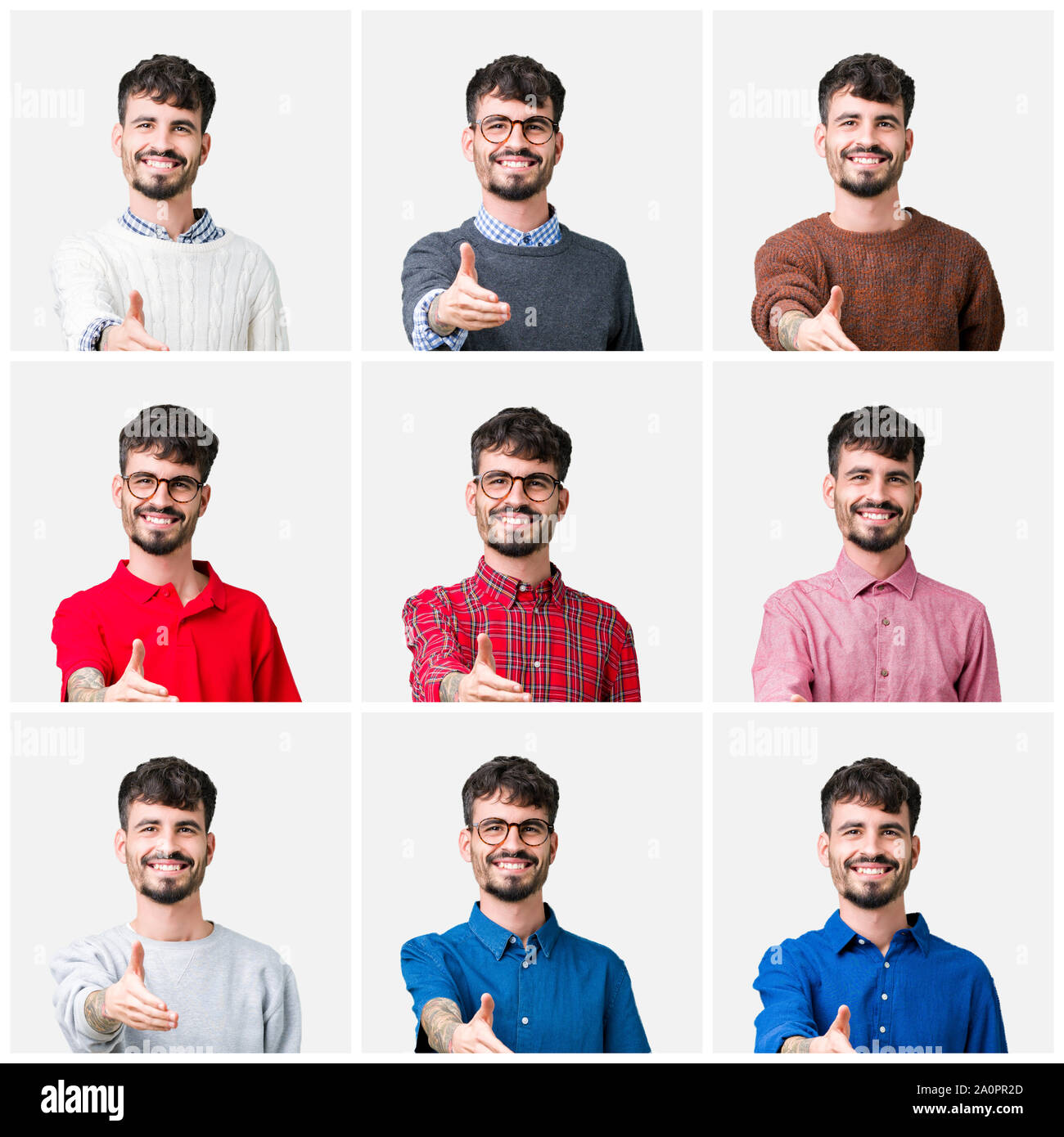 Collage of young man over isolated background smiling friendly offering ...
