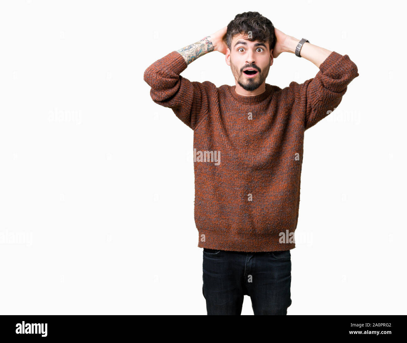 Young handsome man wearing winter sweater over isolated background ...