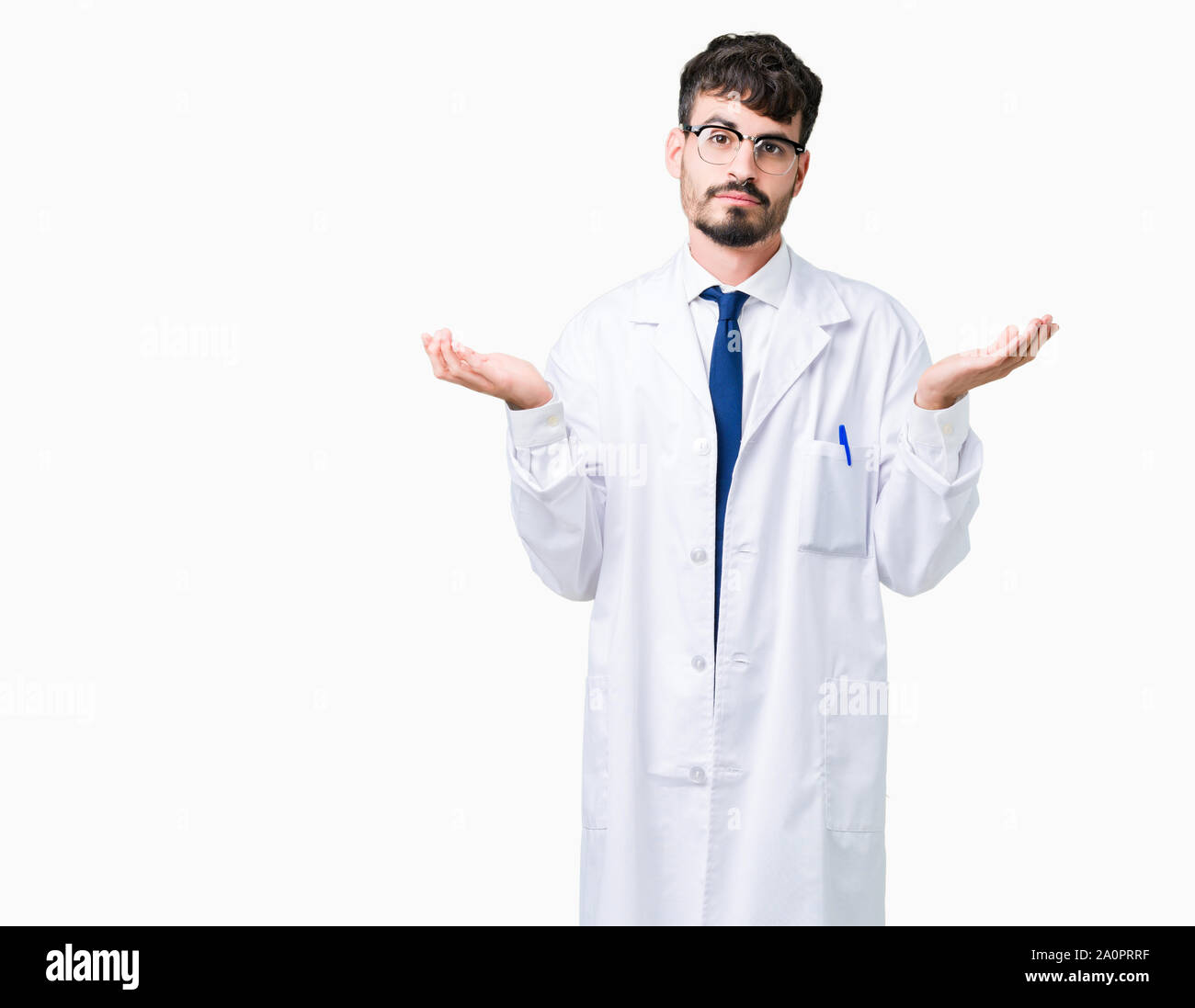 Young professional scientist man wearing white coat over isolated ...