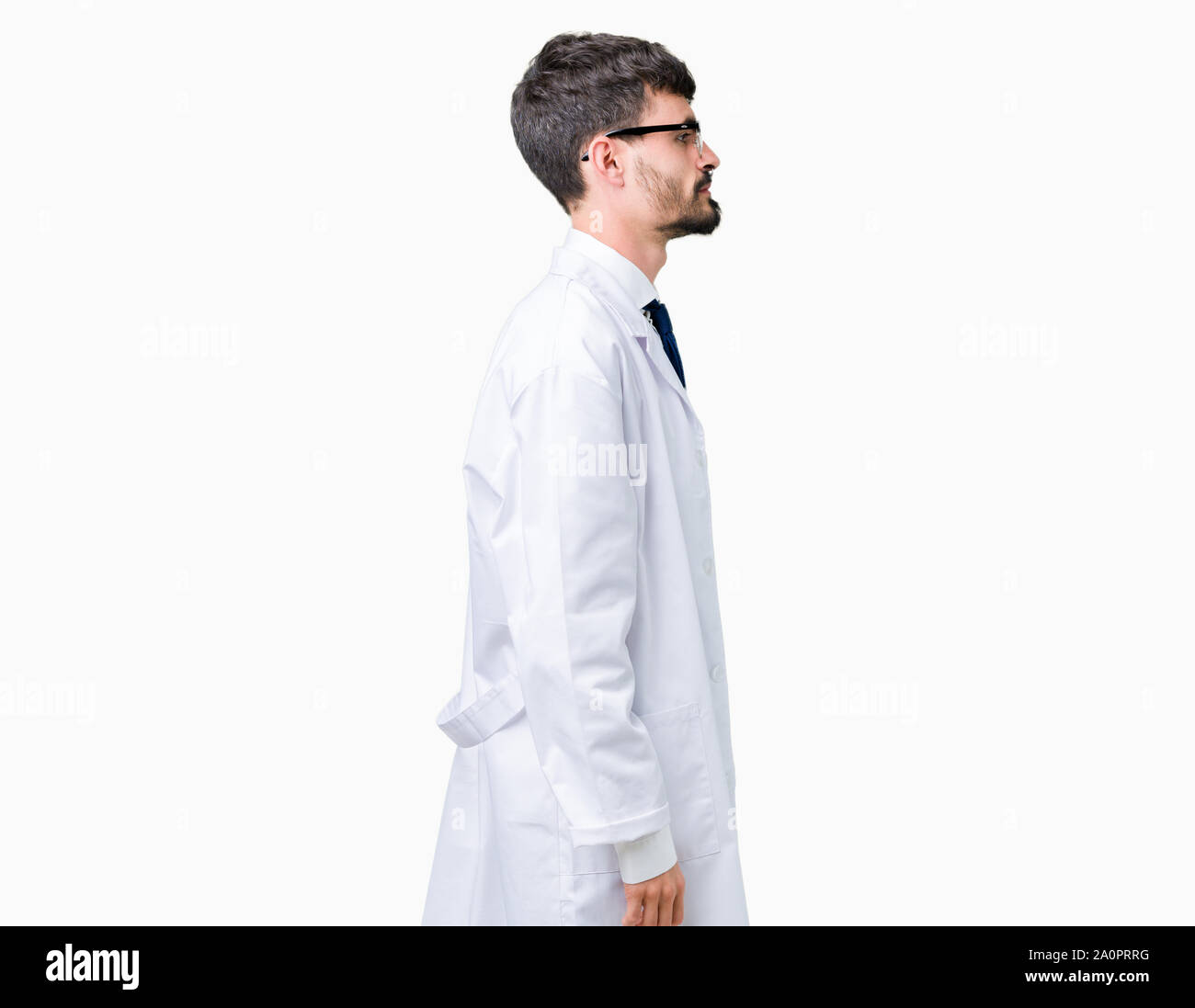 Young professional scientist man wearing white coat over isolated ...